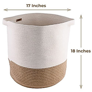 GooBloo Large Cotton Rope Woven Basket - 18" x 17” Tall Decorative Storage Basket for Living Room, Toys or Blankets - Wicker Blanket Basket with Handles, Blanket Baskets or Cute Baby Laundry Hamper