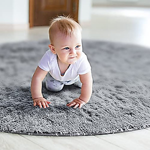 Signature Loom Fluffy Shaggy Area Rug 6 Foot Round – Soft Fuzzy Velvet Rugs for Girls Bedroom – Shaggy Carpet for Kids Room Non-Slip Bottom – Soft Fluffy Throw Rug Indoor Living Room Carpet, Grey