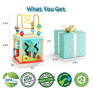 TOP BRIGHT Toys for 1 Year Old Boy and Girl Birthday Gifts, Activity Cube Wooden Educational Toys for One Year Old Bead Maze Shape Sorter