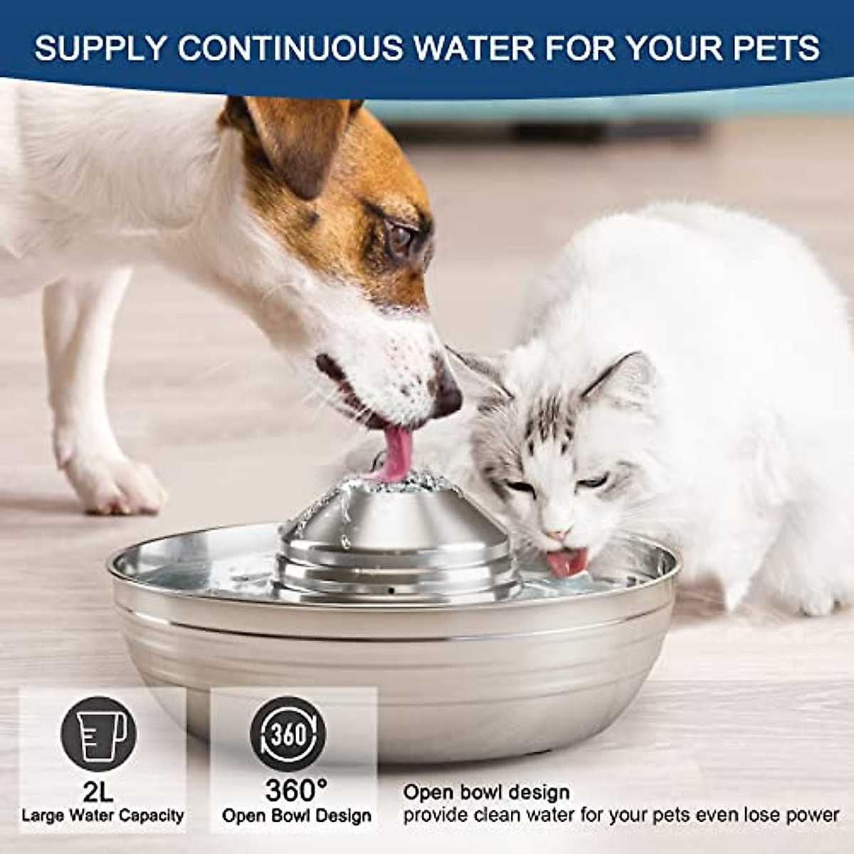OPOLEMIN Stainless Steel Cat Water Fountain with 8 Replacement Filters, 67oz/2L Cat Water Dispenser Easy Assemble& Clean, Pet Water Fountain for Small Cats Dogs Inside (with Power Adapter)