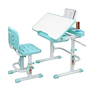 Desk and Chair Set Adjustable Height Desk Chair Writing Drawing Reading Tables with Drawer Storage Bookstand, Blue Green-A