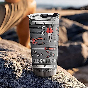 Personalized Mechanic Tools Box Tumbler, Wrench Gifts for Dad Grandpa Husband Uncle on Fathers Day Valentine Anniversary Christmas - Insulated Stainless Steel Mechanic Coffee Travel Mug with Lid 20Oz