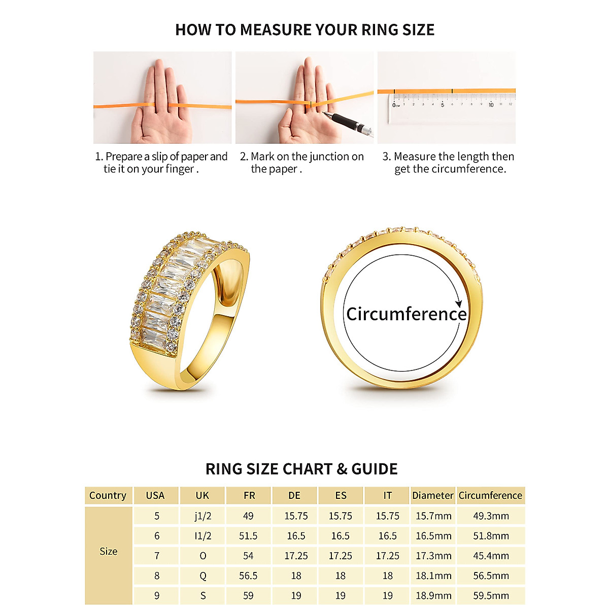 Beutirer Wedding Rings for Women, 18K Gold Plated Promise Wedding Band for Women, 3-Row Round and Baguette Emerald Cut Cubic Zirconia Engagement Rings, Anniversary Rings, Gold Rings for Women Size 5-9