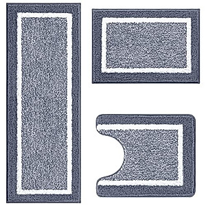 Pauwer Bathroom Rug Mat Set 3 Piece, Microfiber Shaggy Bath Mat Set, Non-Slip Ultra Soft Carpet Mats, Absorbent Bathroom Mat Set with U-Shaped Toilet Mat for Bathroom, Tub, Shower, Dark Grey