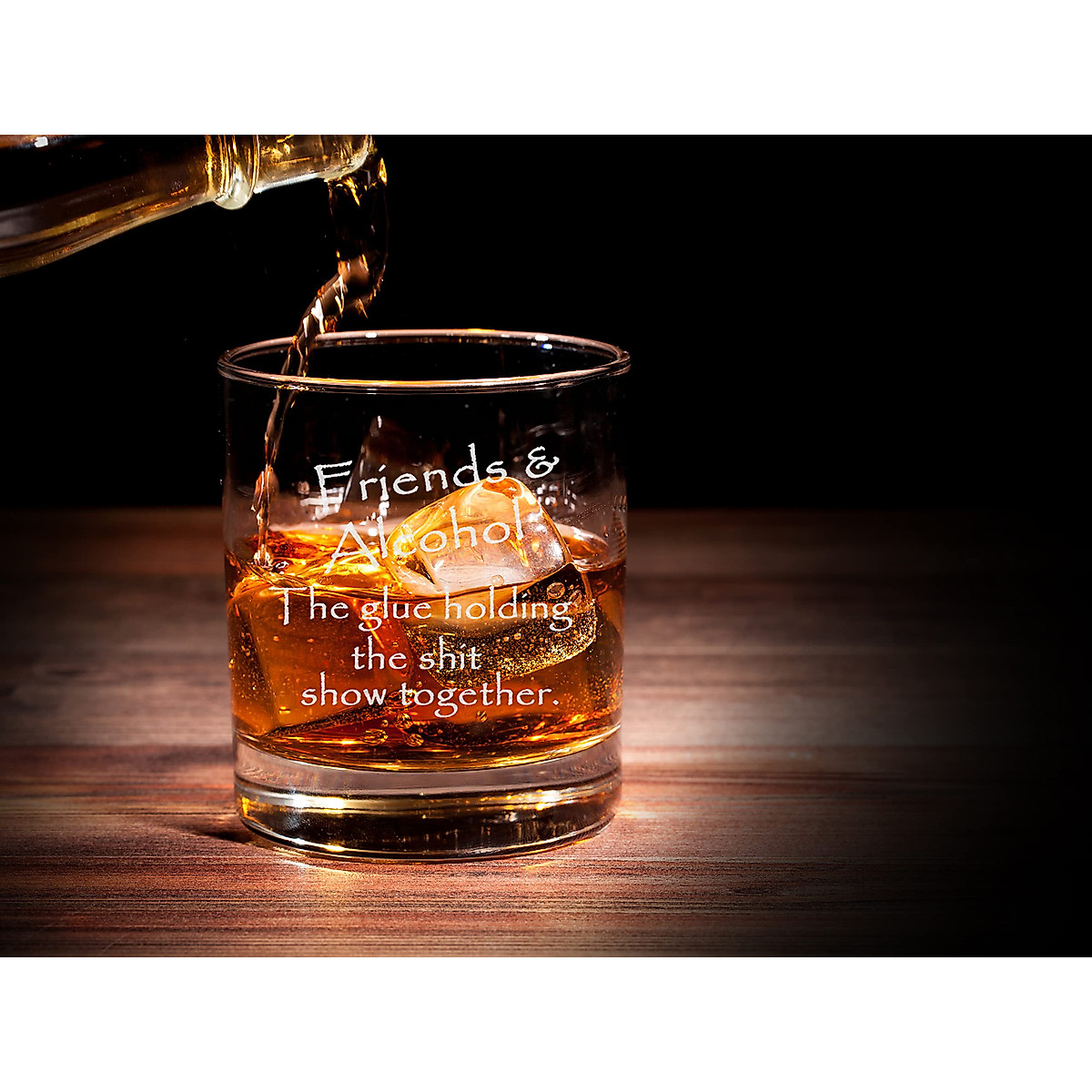 CARVELITA Friends & Alcohol The Glue Holding This Shit Show Together Engraved Whiskey Glass - 11oz Engraved Old Fashioned Rocks Glass - Sarcastic Gifts For Best Friends - Perfect Party Decoration Idea