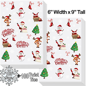 AnapoliZ Christmas Treat Bags | 100 pcs (6” x 9” Inch) | 2.5 Mil Crystal Clear Cellophane Bags with Merry Christmas Designs | Santa, Snowman Cello Bags | Christmas Party Decorations | Xmas Treat Bags