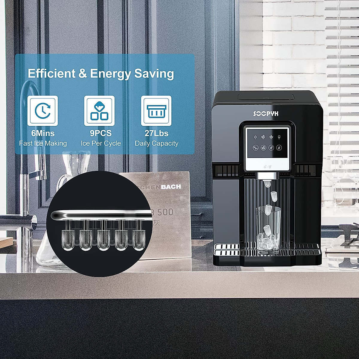 SOOPYK Countertop Bottleless Ice Maker Machine Water Dispenser with Water line Bullet Ice Cubes 18 lbs in 24 hrs for Home Office (without HOT WATER OR FILTER)