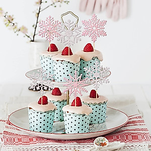 36 PCS Snowflake Cupcake Toppers Glitter Winter Frozen Theme Cupcake Picks Little Snowflake Cake Decorations for Winter Wonderland Baby Shower Kids Birthday Christmas Party Supplies Silver Pink