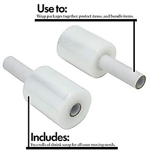 Stretch Wrap, 2-Pack Mini Stretch Wrap Roll – Stretch Wrap with Handle for Pallet Wrapping and Packaging – 80 Gauge Shrink Wrap Roll – 5-inch by 1000ft Professional Plastic Wrap