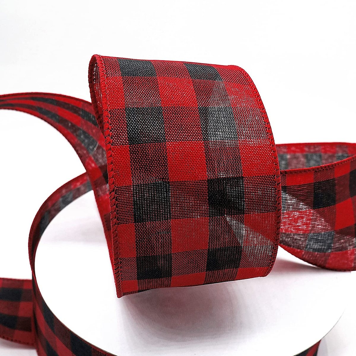 CT CRAFT LLC Plaid Cambridge Gingham Buffalo Wired Ribbon 2.5" x 50 Yards Black with Red for Christmas Home Decor Tree Topper Bow Gift Wrapping DIY Crafts Wreath Garland Wedding