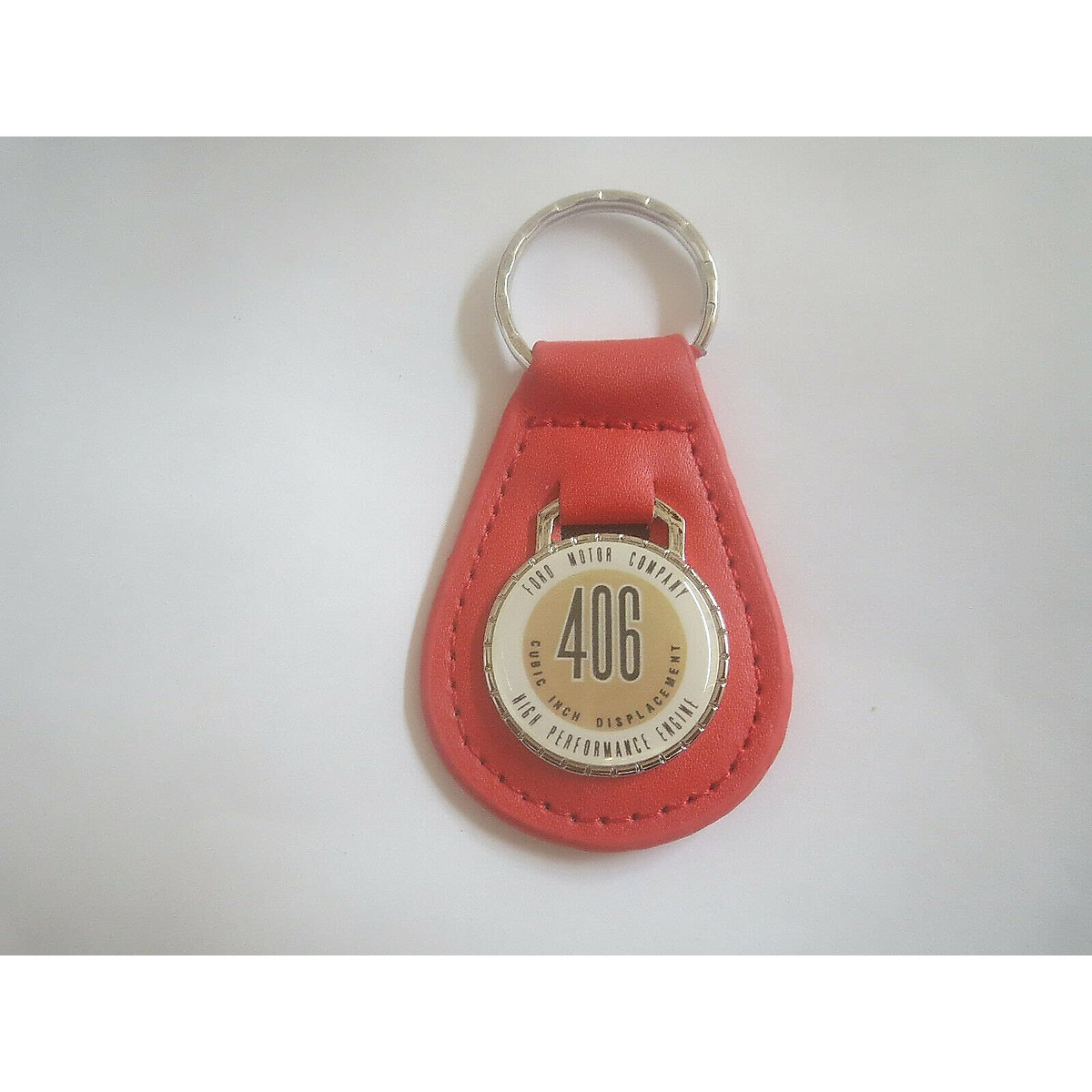 1962 1963 1964 GALAXIE 406 HIGH PERFORMANCE ENGINE LOGO LEATHER KEYCHAIN - RED