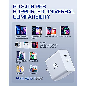 USB C Wall Charger, Aergiatech 60W PD 3.0 PPS GaN Charger, USB C Fast Charger Block Dual Port with Foldable Plug for MacBook Air, iPad Air/Pro, iPhone 13 Pro Max, Galaxy S22+/S22 Ultra, Pixel, White
