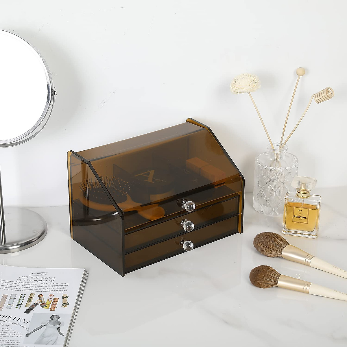 MyGift Amber Acrylic Jewelry Box, Modern Retro Style 2 Storage Drawer Ring, Necklace, Bracelet, Earring Organizer with Velvet Jewelry Tray Liners