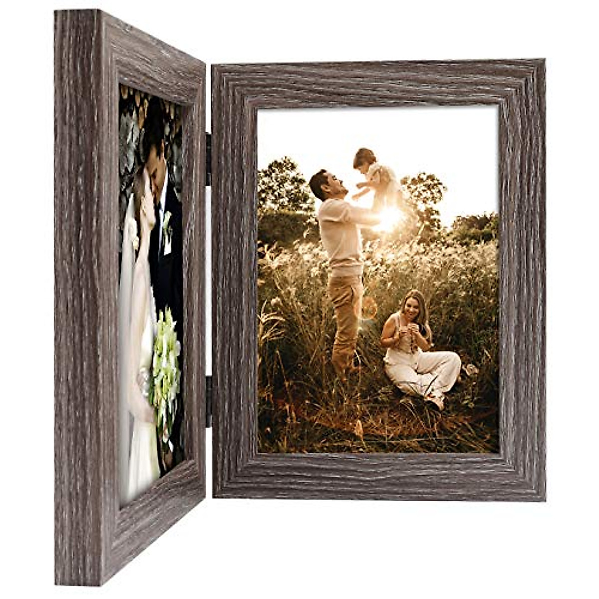 Golden State Art 5x7 Double Picture Frame Vertical Hinged Photo Frame 2 Opening Folding Family Frames Collage (5x7, Grey, 1-Pack)