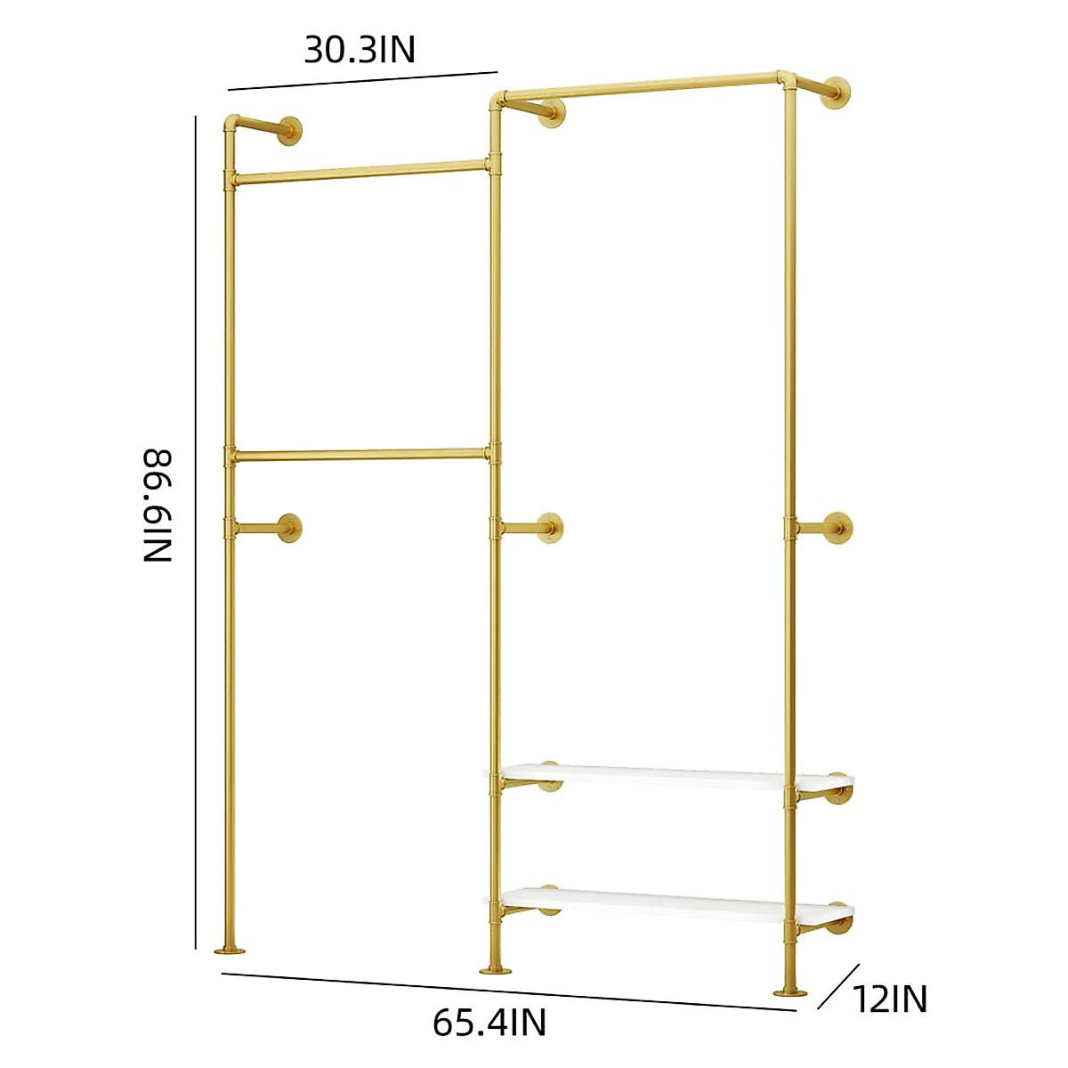 KaKaBB Gold Pipe Clothing Rack, Clothes Rack for Wardrobe, Bedroom and as walk-in Closet System, Double Hanging Rods Clothes Rack with Shelves,Heavy Duty Clothes Rack Wall Mounted(Gold)