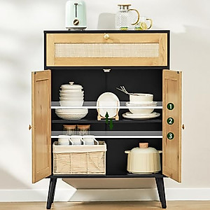 Quimoo Tall Storage Cabinet, Rattan Cabinet with Adjustable Shelf & Large Drawer, Boho Storage Cabinet, Accent Cabinet for Entryway, Living Room, Black