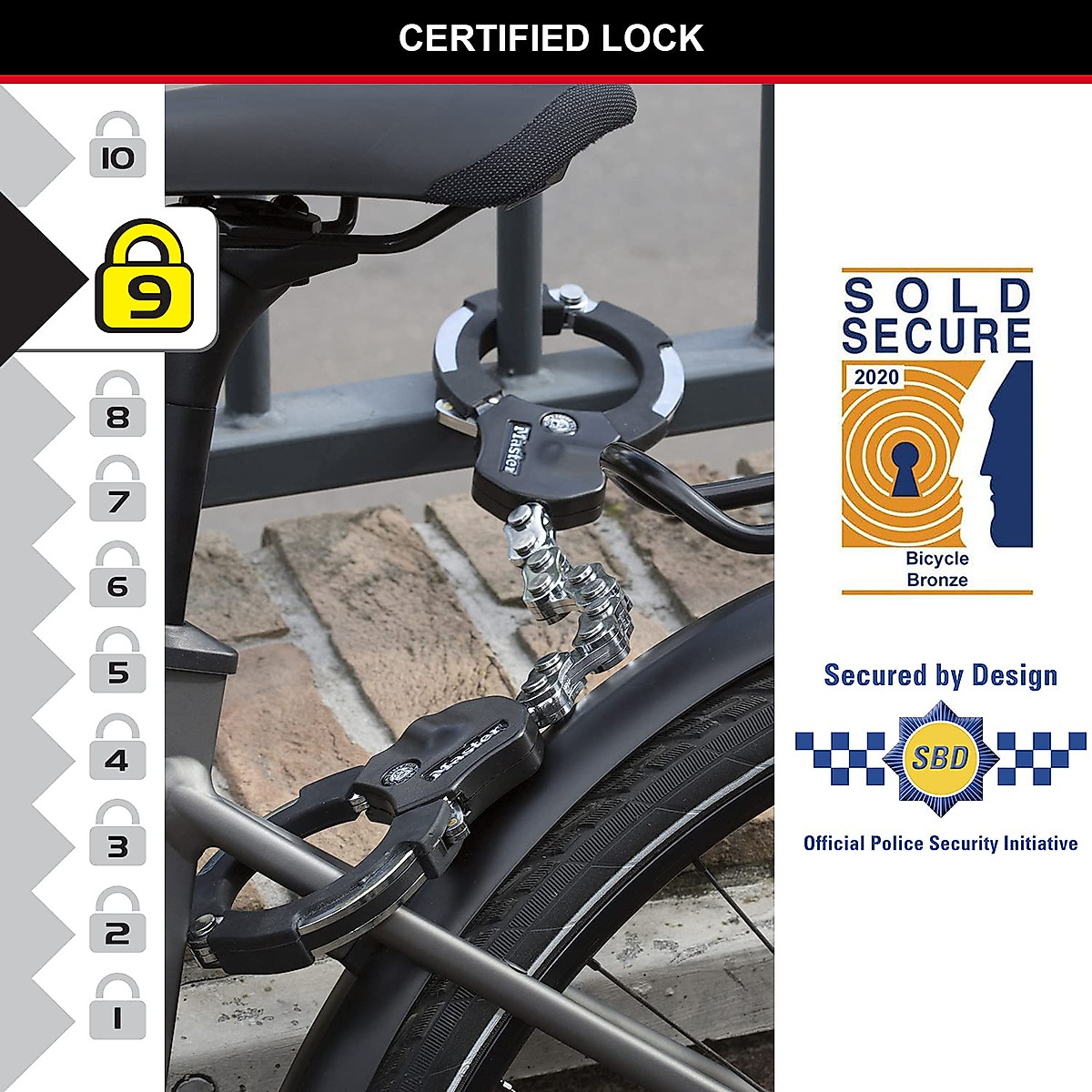 MASTER LOCK Police Approved Bike Lock and E-Scooter Lock, Hardened Laminated Steel, 4 Keys, 550 x 76 x 27 mm, for e bike scooter quad