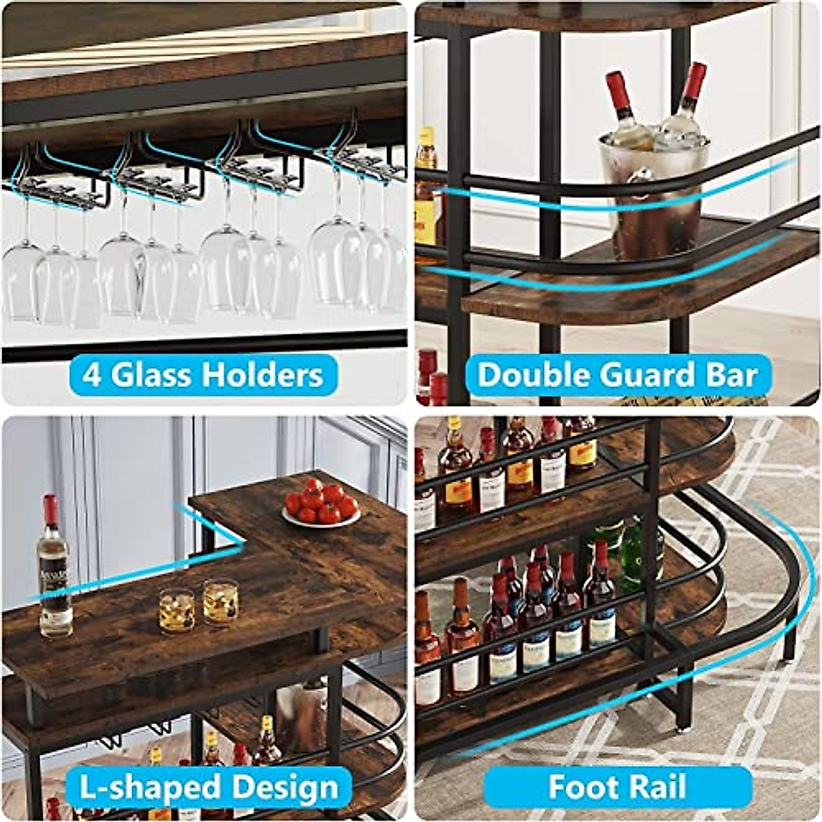 L-Shaped Home Bar Unit with 4 Glass Holders and Shelves Brown Industrial Rustic Triangle MDF Metal Wood Finish Foot Rest