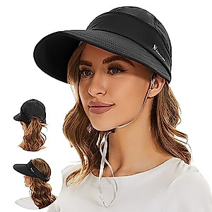 Century Star Womens Sun Hat Wide Brim UV Protection Summer Visor 2 in 1 Zip-Off Beach Hat for Women Golf Hats Outdoor Cap Black One Size