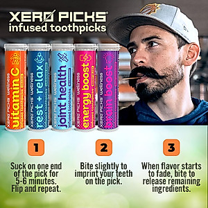 Xero Picks Wellness - Flavored Toothpicks -100 Picks-Variety 5 Pack-Curcumin, Glucosamine, Huperzine, Bacopa, B12, Elderberry, Vitamin C, Zinc, B6, Melatonin, Theanine