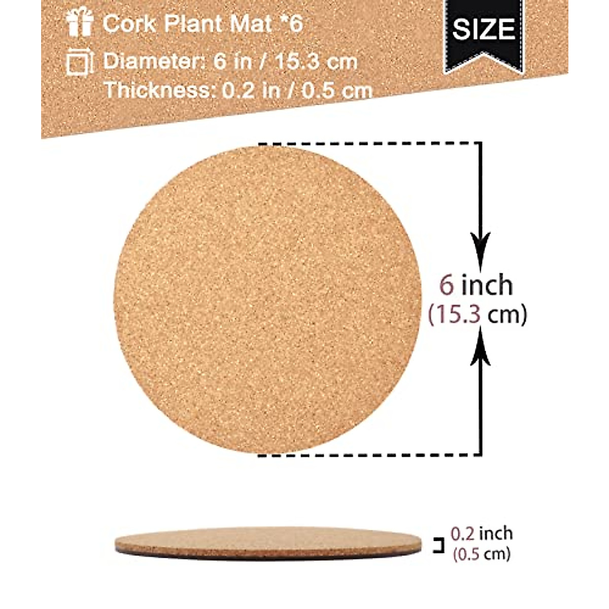 KITLAB Cork Plant Coasters, Double Layers 6 Inch Cork Planter Coaster, Absorbent Cork Plant Mats, Cork Plant Coasters for House Plants, 6 Pcs
