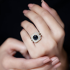 Natural Black Onyx 8MM Cushion Cut Engagement Ring, Black Onyx Double Halo Ring - AAA Quality with Certificate, 14K Yellow Gold, Size:US 12.50