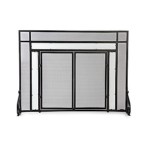 Plow & Hearth Metal Fireplace Screen Glass Flatguard Black | 38" W x 31" H | 2 - Door | Spark Guard Indoor Grate | Iron Fire Place Cover | Wood Burning Stove Decorative Accessories