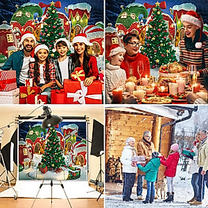 Cartoon Christmas Village Photography Backdrop Winter Snow Pine Tree Background Xmas Fairy Tale Animated Kid Party Photo Booth Banner Supplies (7x5)