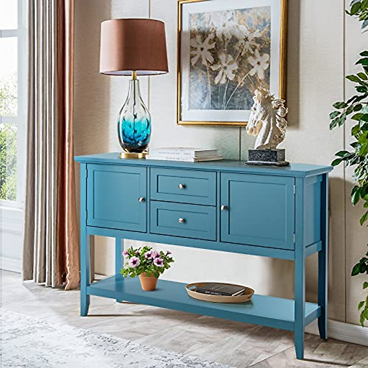 Hysache Buffet Sideboard, Wood Buffet Cabinet with 2 Drawers and 2 Storage Cabinets, Sideboard with Bottom Shelf, Ideal for Kitchen Living Room (Blue)