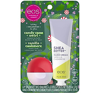 EOS Limited Edition Holiday Collection- Candy Cane Swirl Lip Balm & Vanilla Cashmere Hand Cream, 24-Hour Hydration, 2-Pack, Clear