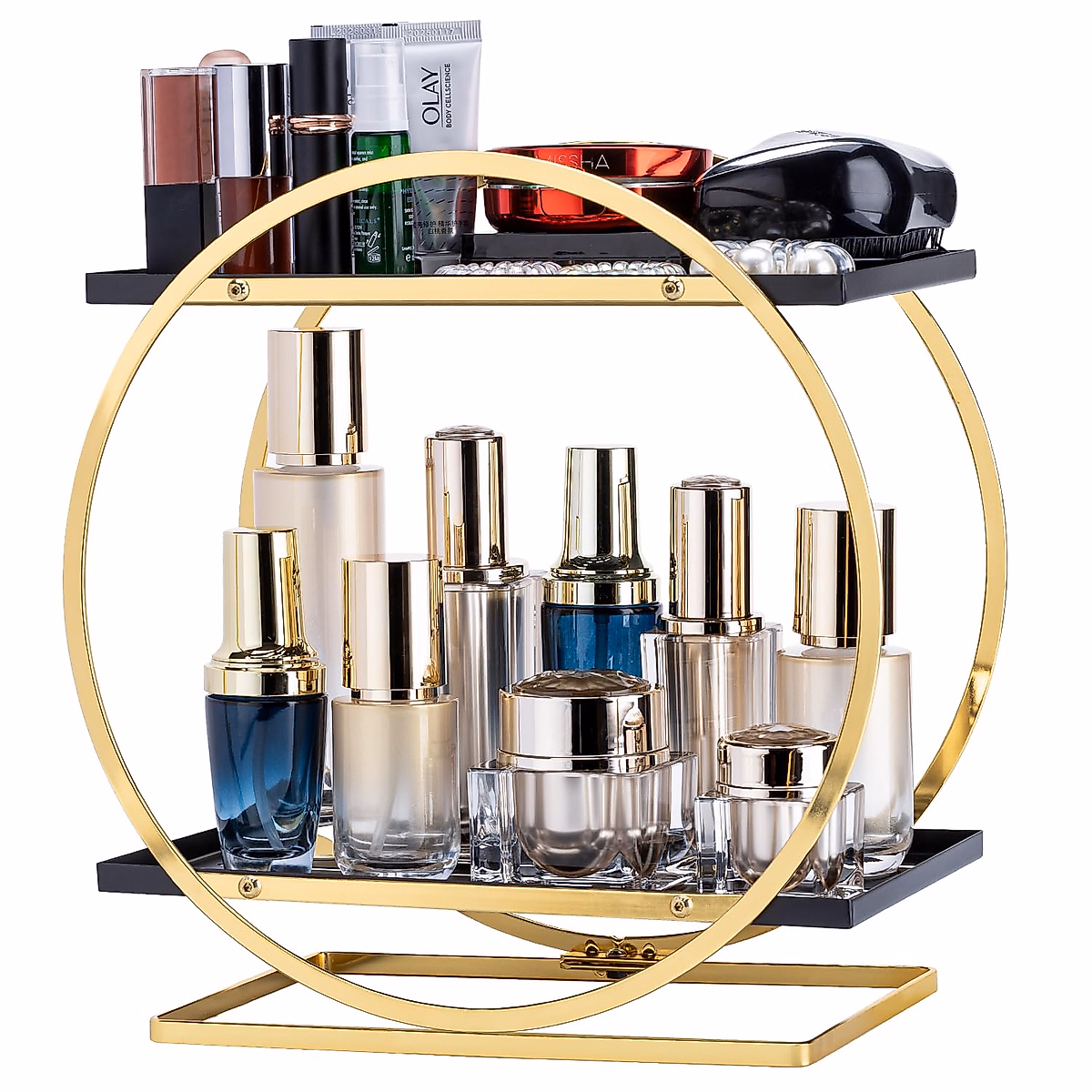 Tonswachic Makeup Organizer for Vanity, 2 Tier Skincare Organizer Perfume Tray, Metal Bathroom Counter Organizer for Cosmetics Make Up Storage Holder and Perfume Dresser Display Rack