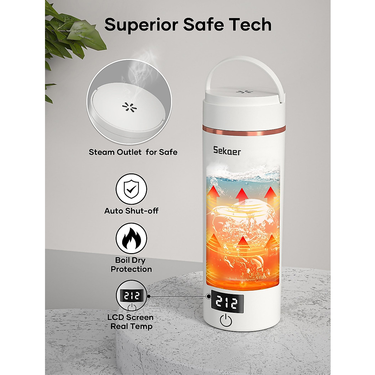 Sekaer Travel Portable Electric Kettle, Small Tea Kettle Coffee Mini Hot Water Boiler, 400mL & 304 Stainless Steel, with 4 Variable Presets and Auto Shut-Off SKE-840W