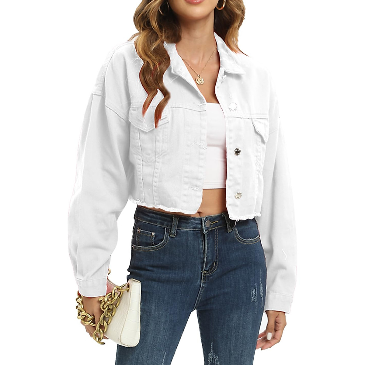 Gacaky Womens Casual Solid Color Ripped Distressed Cropped Denim Jean Jacket Coat With Frayed Hem White S