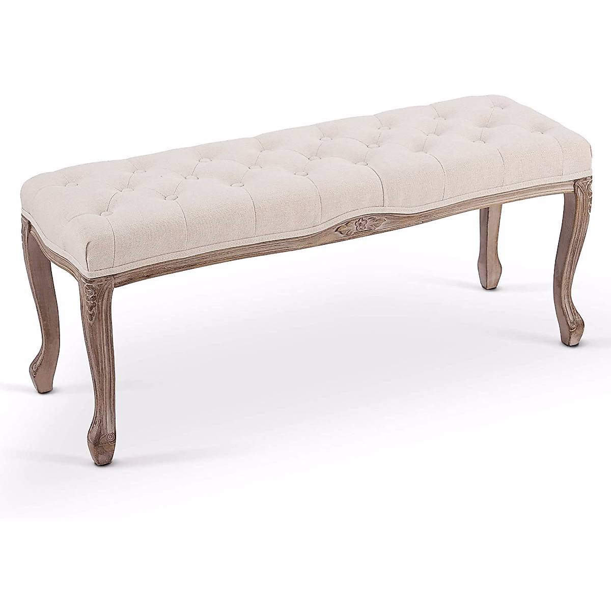 VONLUCE Vintage Dining Bench with Padded Seat & Rubberwood Legs, 44" Memory Foam Upholstered Entryway Bench, Tufted Fabric End of Bed Bench for Bedroom and Living Room, French Style, Beige
