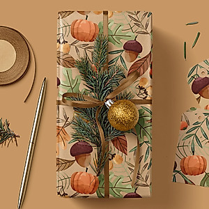 WRAPAHOLIC Kraft Fall Wrapping Paper - Mini Roll - 3 Rolls - 17 Inch x 120 Inch - Pumpkin, Hedgehog and Thanksgiving Lettering Design for Thanksgiving, Autumn, Party, Holiday