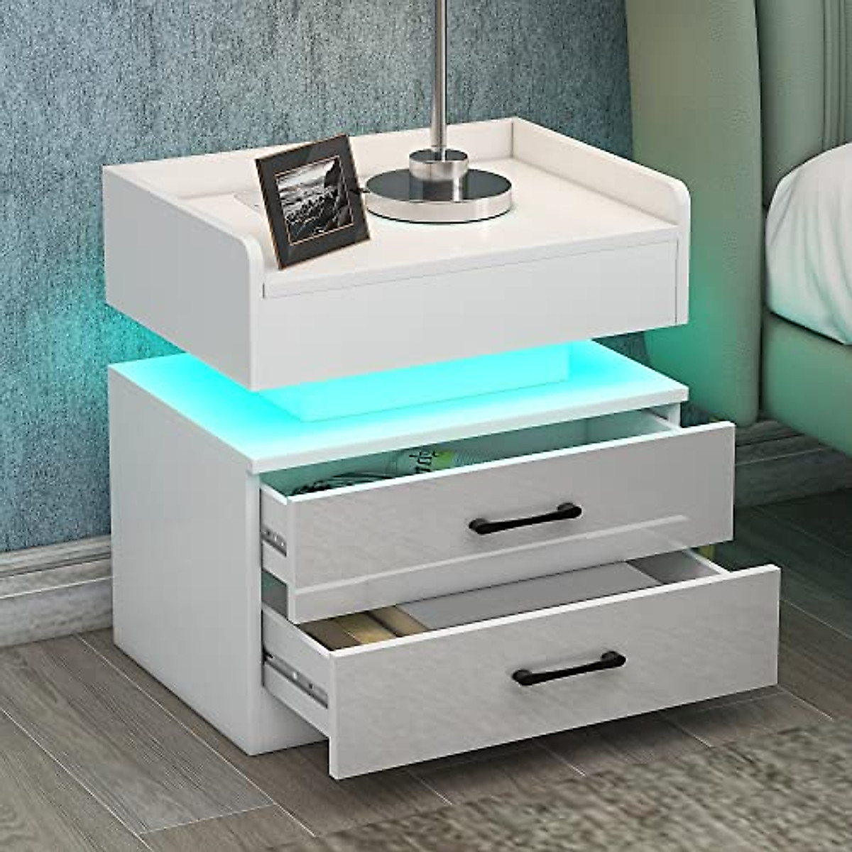 LED Nightstand with Charging Station, White Night Stands with USB Charging Ports and LED Lights, Modern Wooden Bedside Table with 2 Drawers, Small End Side Table with Drawers for Bedroom, Living Room
