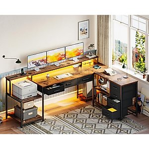 AODK 79" L Shaped Desk with 7 File Drawers, L Shaped Computer Desk with 2 Power Outlets & Monitor Shelf, Home Office Desk with Storage Shelves, Reversible Gaming Desk with LED Light, Vintage