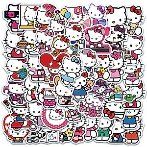 50Pcs Hello Kittty Stickers Pack Kitty White Theme Waterproof Sticker Decals for Laptop Water Bottle Skateboard Luggage Car Bumper Hello Kittty Stickers for Girls Kids Teens