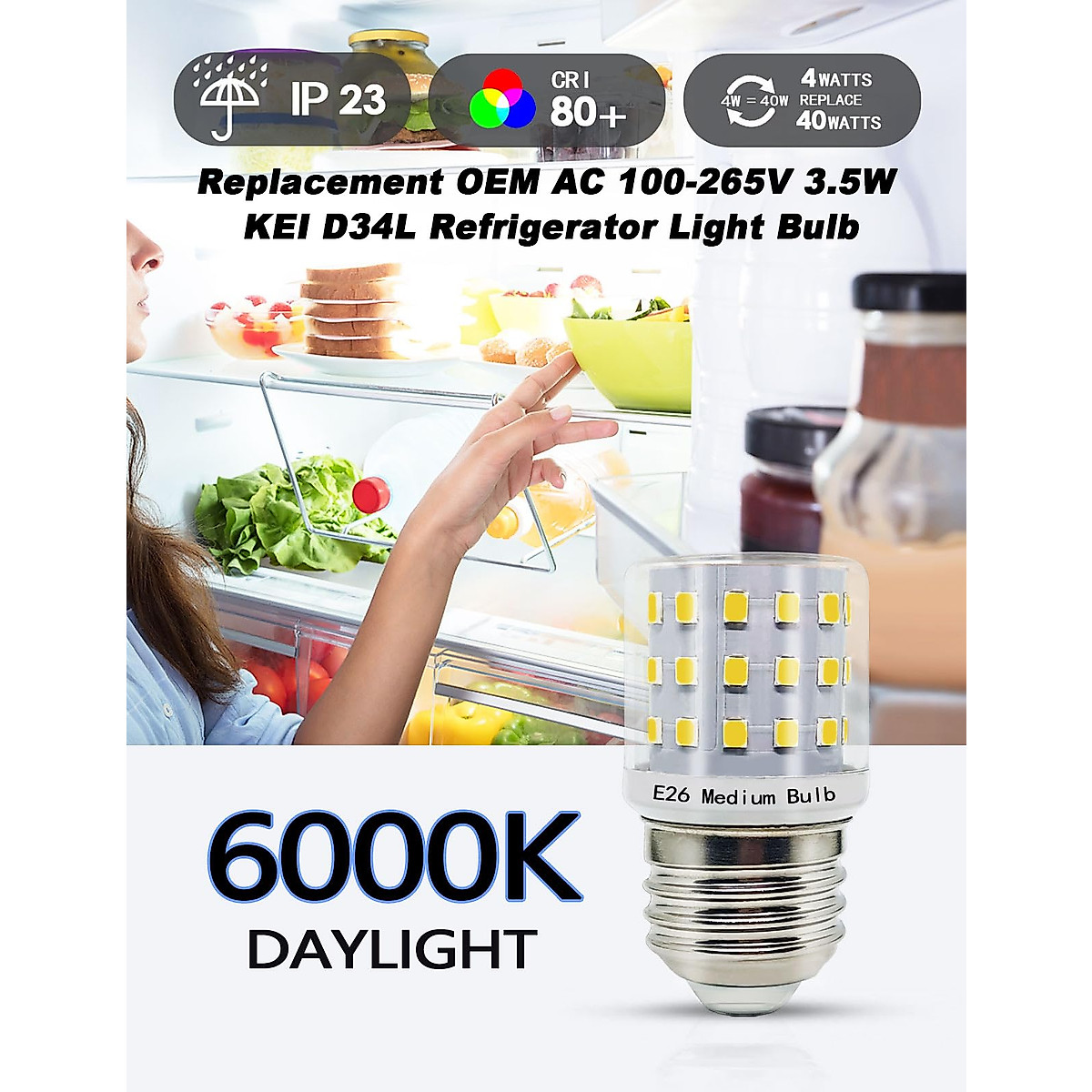 LED Refrigerator Light Bulb KEI D34L Refrigerator Bulb Replacement ac 100-265v 3.5w Freezer Lamp for Frigidaire Fridge, KEI D34C 40w Equivalent E26 LED Appliance Lighting, White Light, 2-Pack
