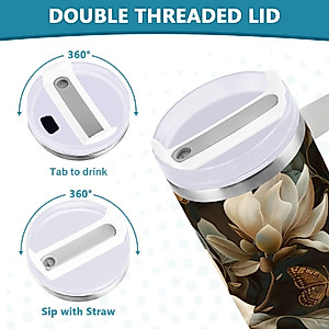 Msyxl 30 oz Insulated Stainless Steel Tumbler with Handle and Straw Lid - Leak-proof Coffee Mug for Men Women, Travel Mug Fits Cup Holder (Magnolia Flowers)