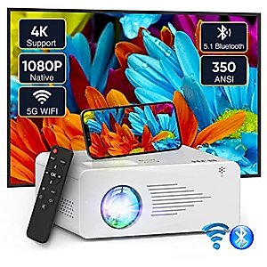 5G WiFi Bluetooth Projector,350Ansi Native 1080P Support 4K Projector,Outdoor Movie Projector Compatible with HDMI,VGA,USB,AV,Laptop and Smartphone