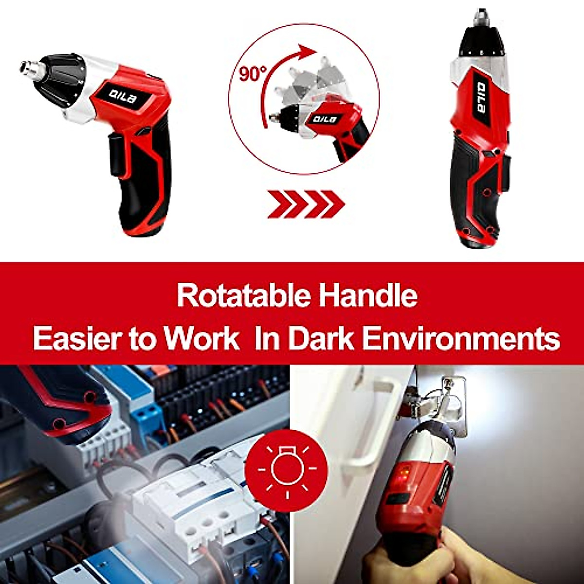 QILA Cordless Screwdriver, Screw Gun 4V Electric Screwdriver Set with Bright LED Light & Flashlight, 28 Accessory Kit & Chrger in Carrying Case, 4N.m Screw Gun, 10+1 Torque Setting, 2 Position Handle