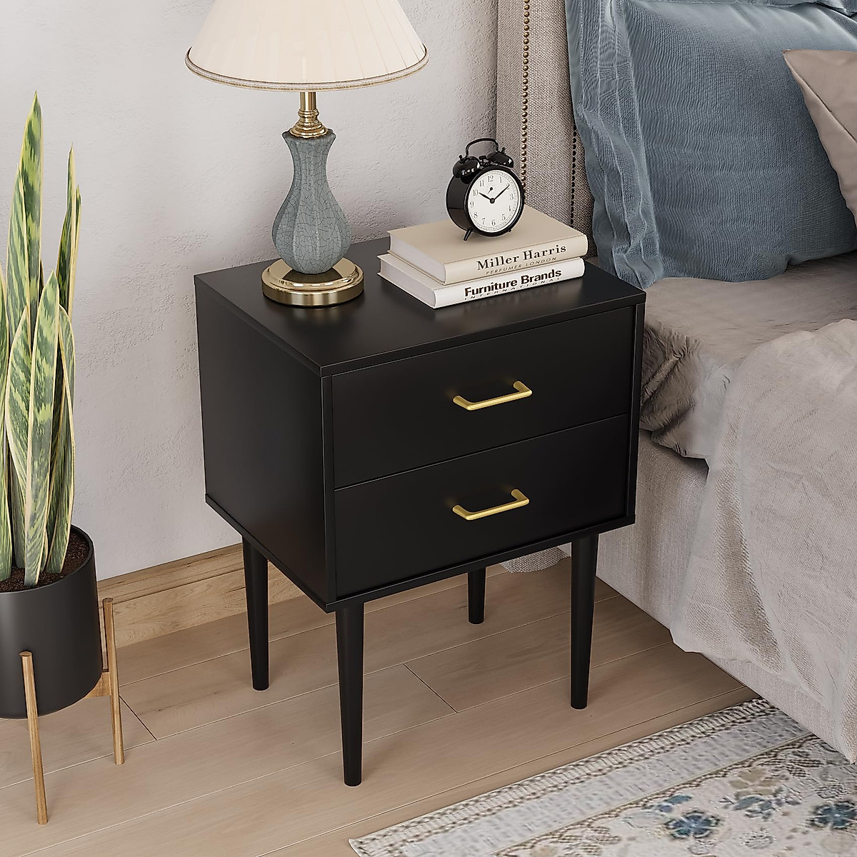 Black Nightstand with 2 Drawers, Modern Night Stand Black, Wooden Night Stands for Bedroom, Bed Side Table, End Table, Gold Handle 26 Inch Tall, Large Size