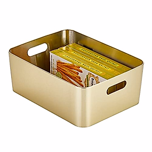 mDesign Steel Metal Storage Container Bin Basket, Handle - Kitchen Pantry, Cabinet, Fridge, Drawers, Freezer Organization - Food/Snack Holder Crates, 12" Wide - Mirri Collection - Soft Brass
