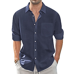 J.VER Men's Casual Button Up Linen Shirts Solid Long Sleeve Work Shirt Loose Fit Vacation Shirts with Pocket Navy Blue X-Large