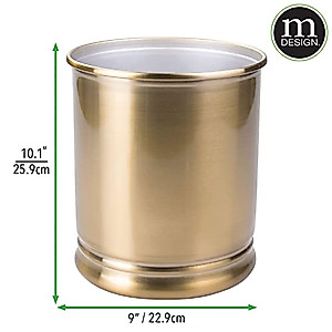 mDesign Steel Stylish Round Trash Can, Wastebasket Storage Container Bin - for Bathroom, Bedroom, Powder Room, Kitchen, Home Office - Holds Garbage, Waste, Trash - Soft Brass