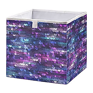 WELLDAY Storage Basket Mermaid Purple Sequins Foldable 15.8 x 10.6 x 7 in Cube Storage Bin Home Decor Organizer Storage Baskets Box for Toys, Books, Shelves, Closet, Laundry, Nursery
