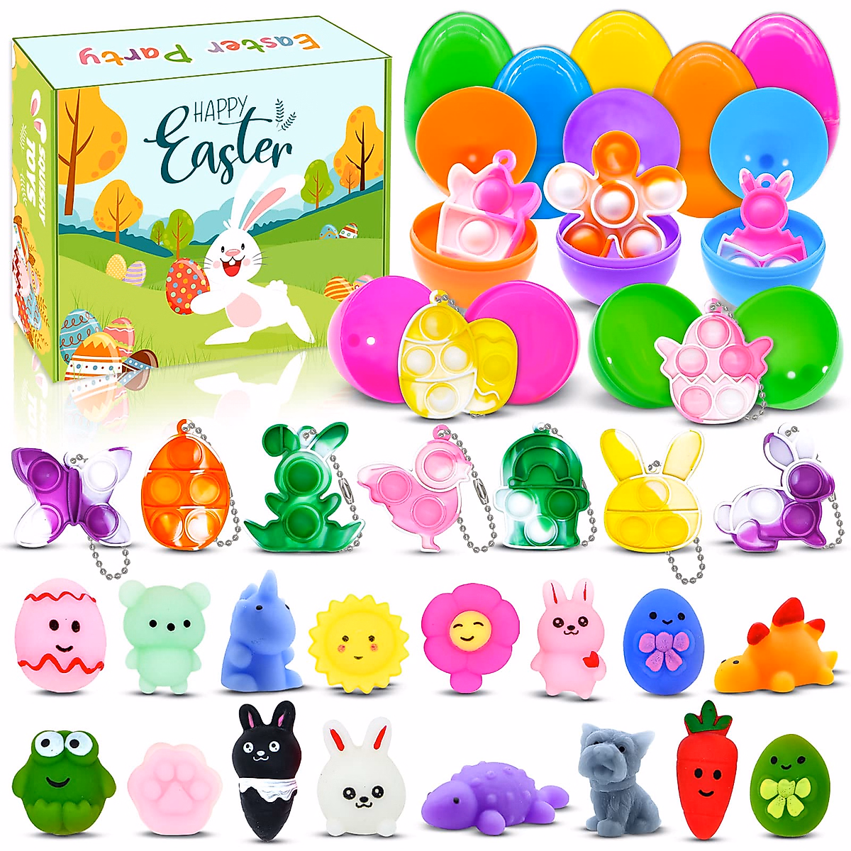 50 Pack Prefilled Easter Eggs with Mini Pop Keychain, Easter Basket Stuffers with Squishy Toys, Squishy Stress Relief Toys for Easter Basket Stuffers Egg Fillers( 50 pcs Eggs + 50 pcs Toys)