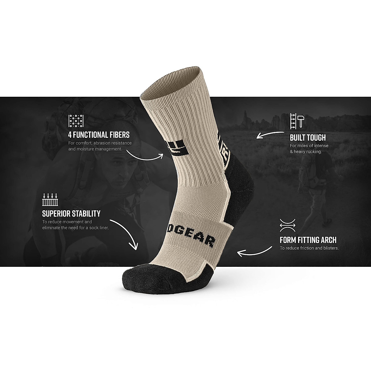 MudGear Ruck Crew Socks - Merino-Wool Hiking Sock for Women and Men for Sport, Gym, Running, Basketball, Football, Military, Work etc. - Boot Height Armour Cushioned Athletic Socks (Tan/Black, Large)