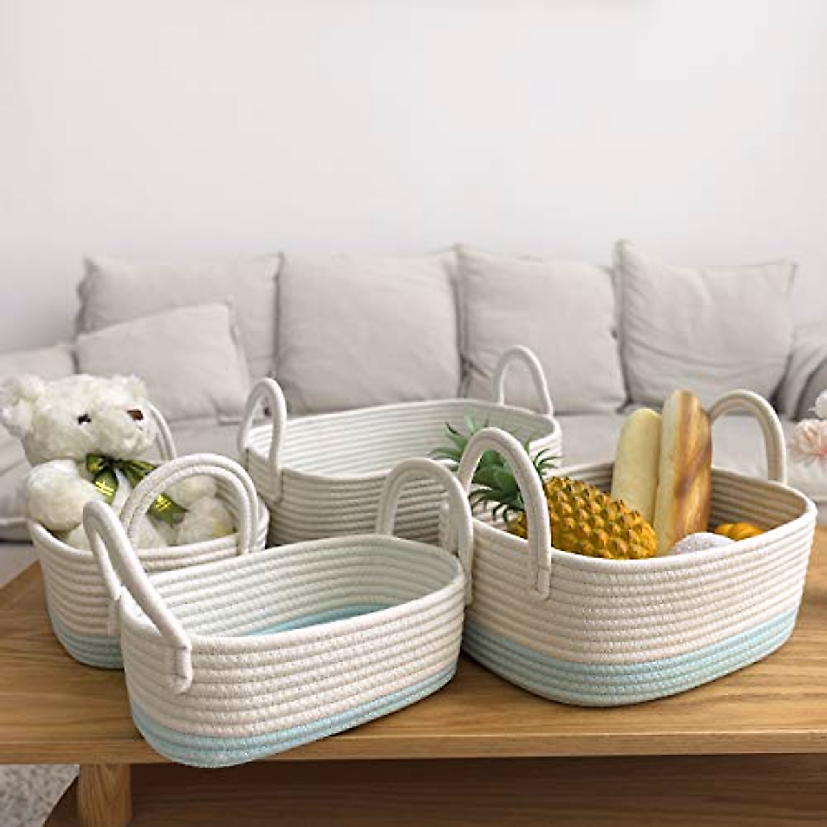 LA JOLIE MUSE 15 Inch Cotton Rope Woven Storage Basket Set of 4, Stackable Multipurpose Organizer Bins with Handles, White & Mint Green